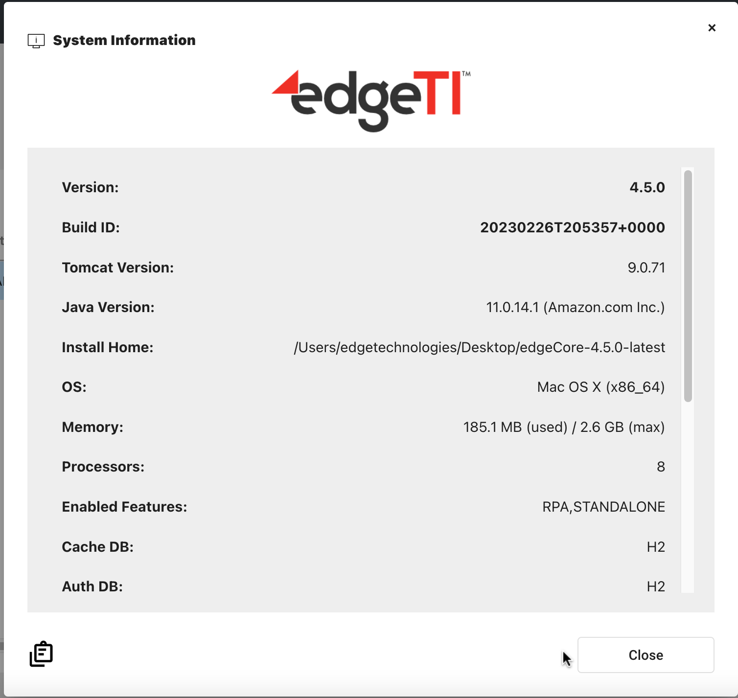Edge Technologies, Inc. | Documentation | System About & System Info